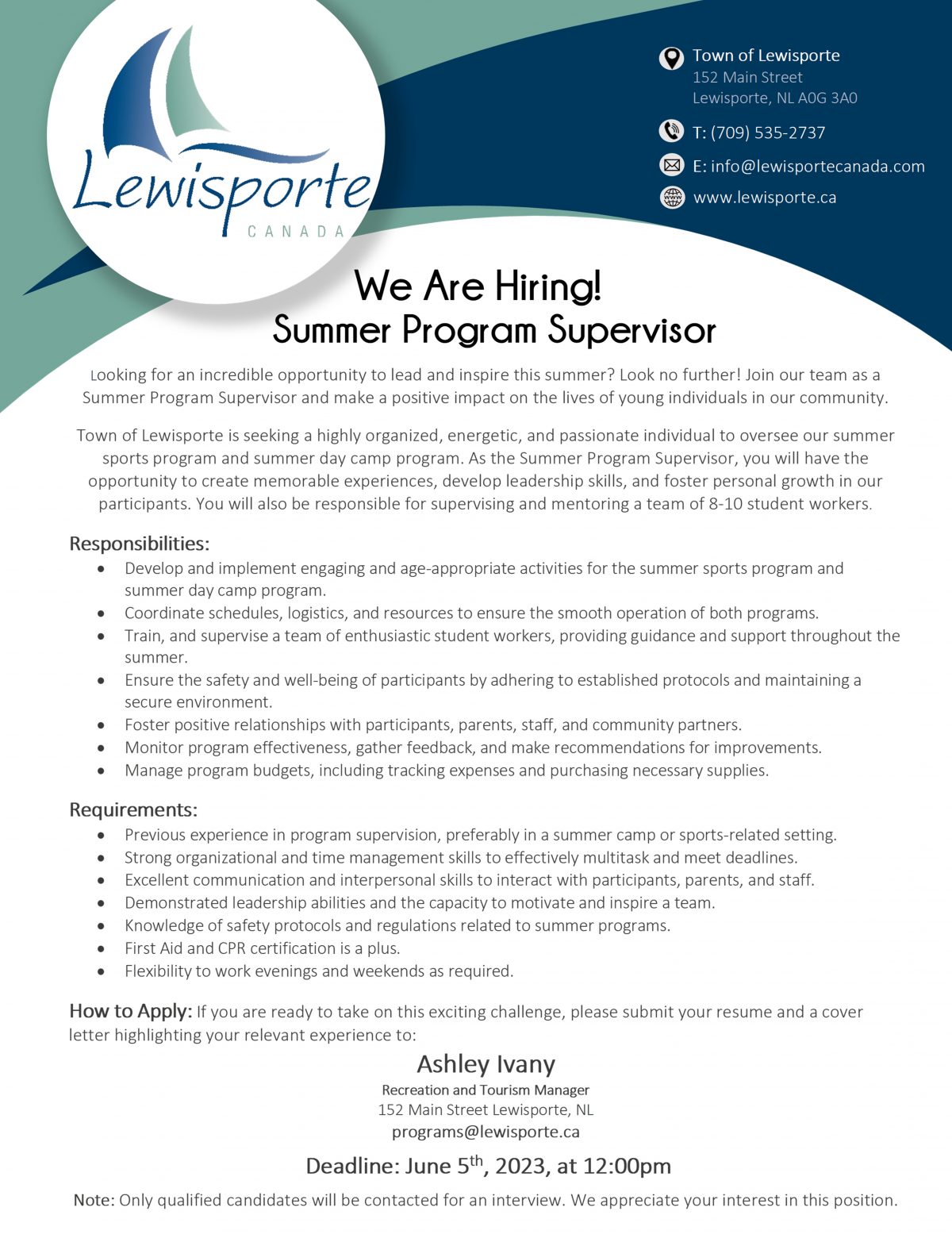 Summer Program Supervisor - Lewisporte